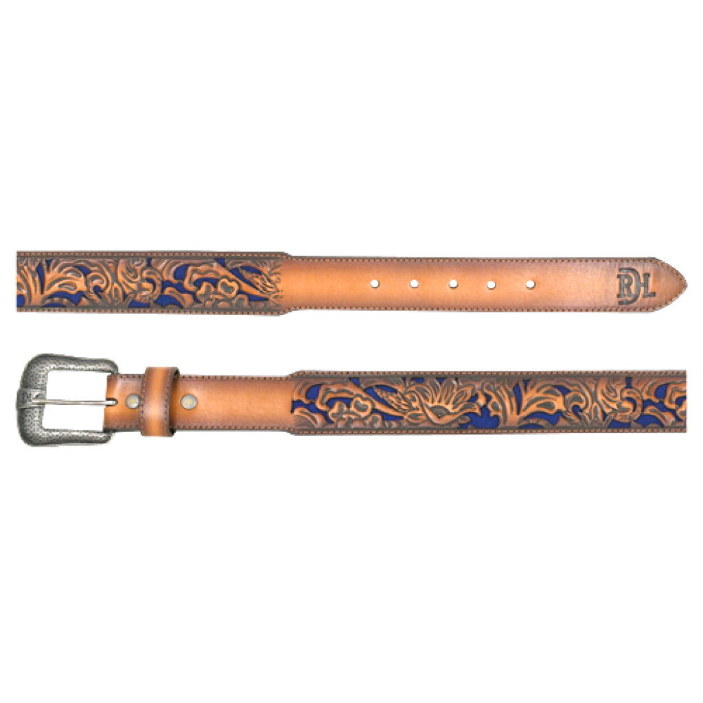 MENS GENUINE LEATHER BELT TOOLED W/ COBALT INLAY - Red Dirt Hat Co