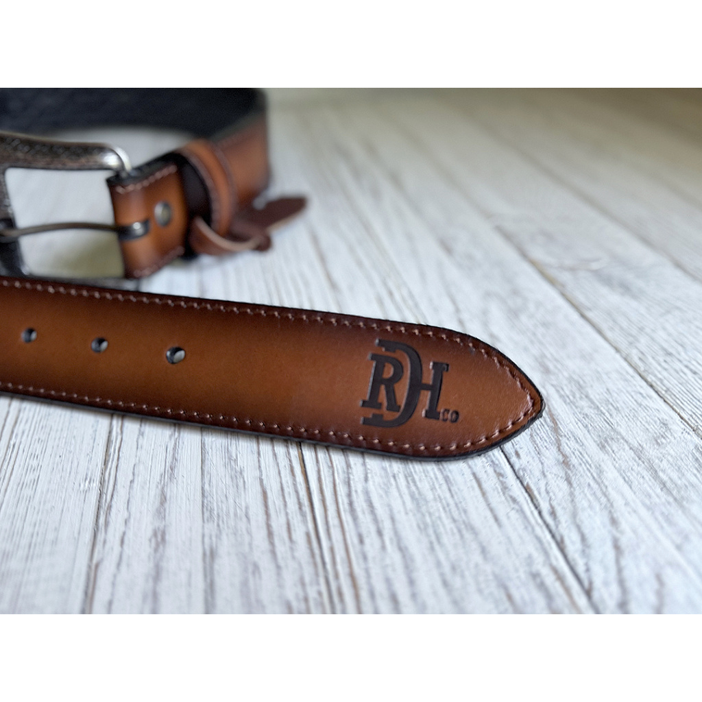 MENS GENUINE LEATHER BELT TOOLED W/ COBALT INLAY - Red Dirt Hat Co